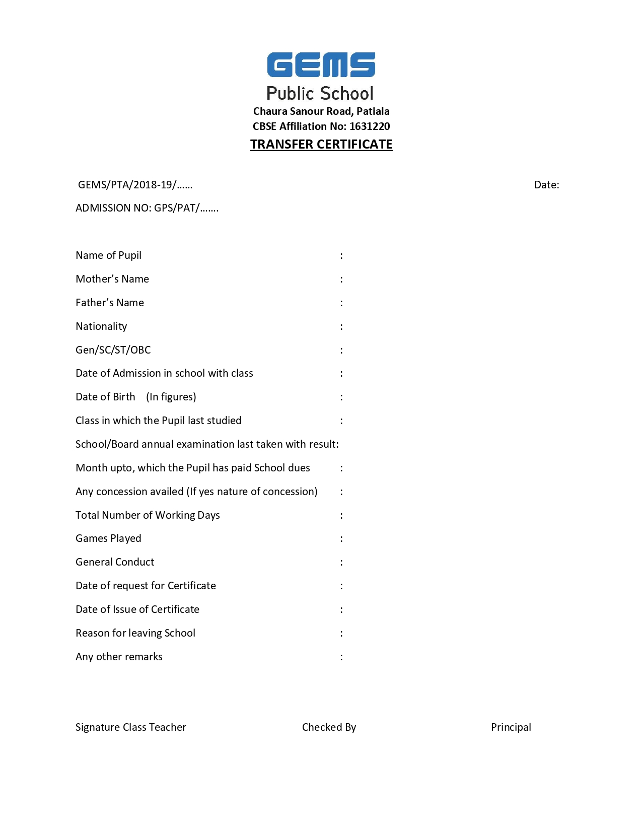 Transfer Certificate Sample - Best school in Patiala - International ...